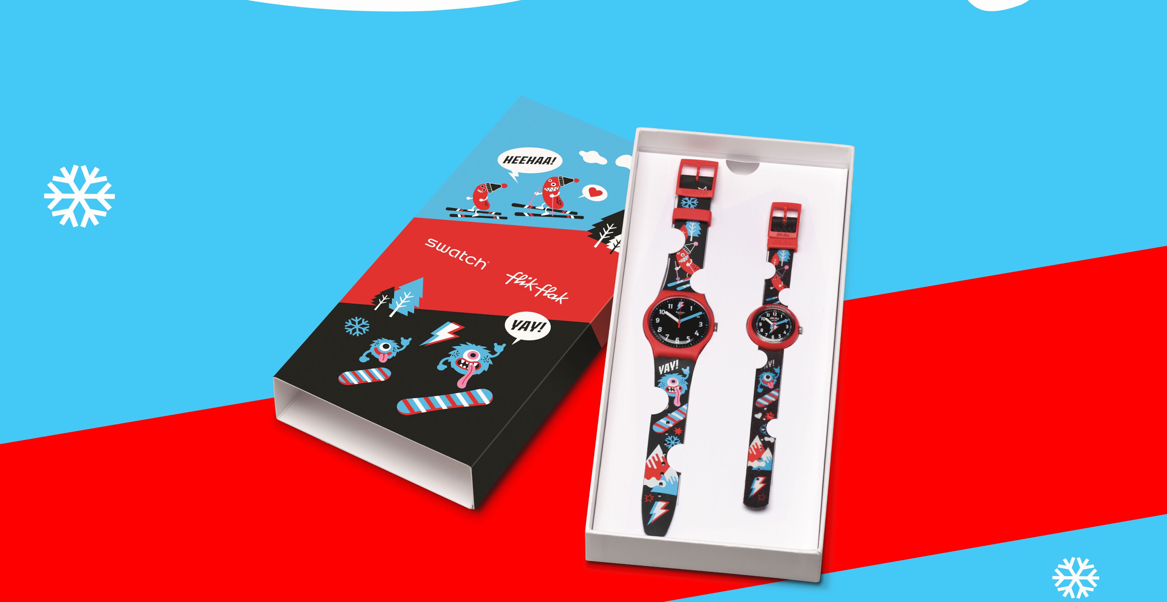 Matching watch duo by Swatch and Flik Flak